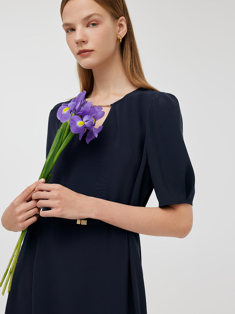 Triacetate Cut-Out Neck Women Midi Dress With Belt – GOELIA
