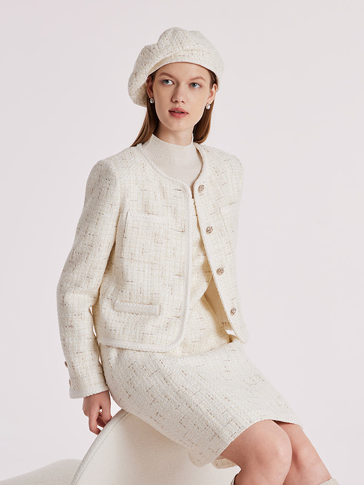 White Knitted Tweed Crop Jacket – GOELIA