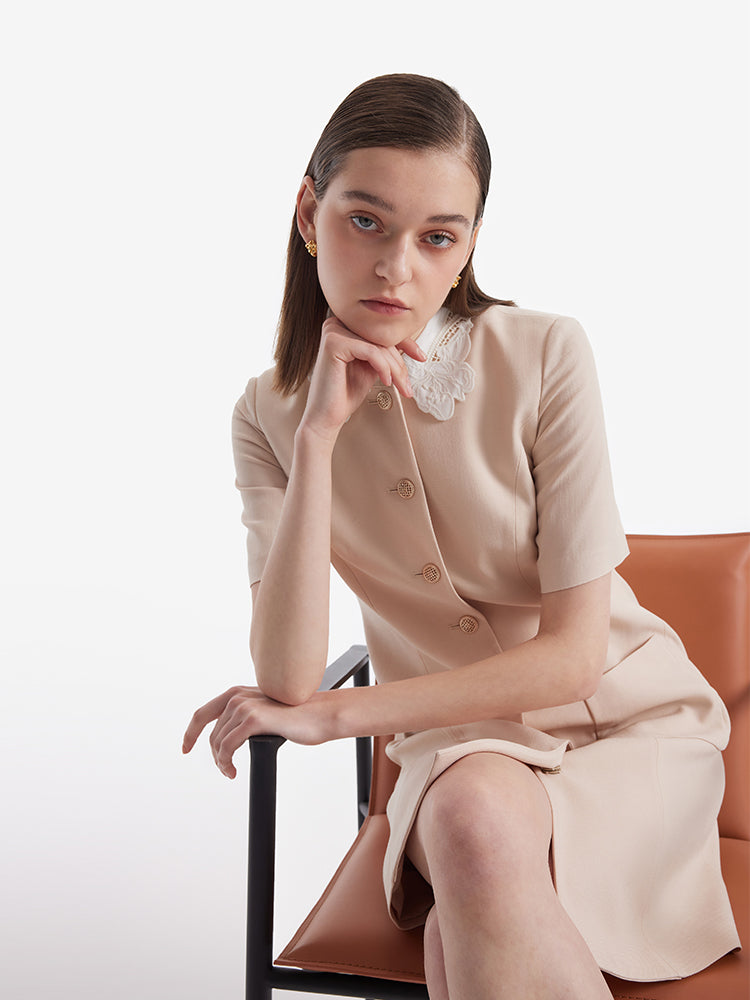 Acetate Single-Breasted Women Mini Dress With Detachable Lace Collar ...