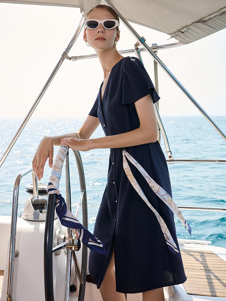 Triacetate Dress With Belt And Silk Scarf – GOELIA