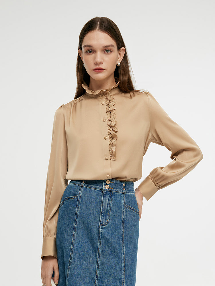 19 Momme Mulberry Silk Ruffle Stand Collared Women Shirt – GOELIA