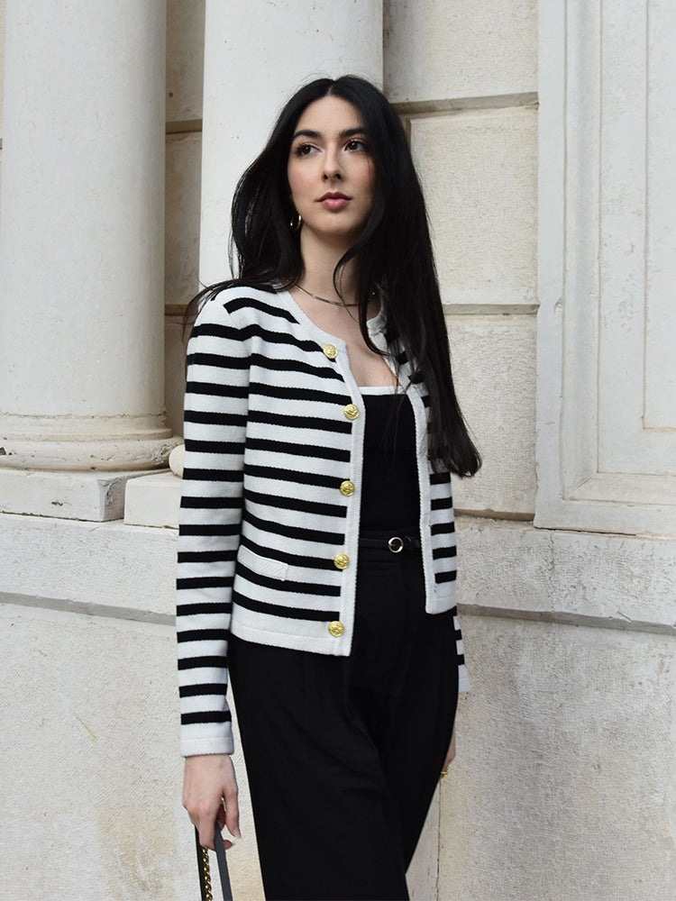 Button Up Woolen Striped Lady Cardigan – GOELIA