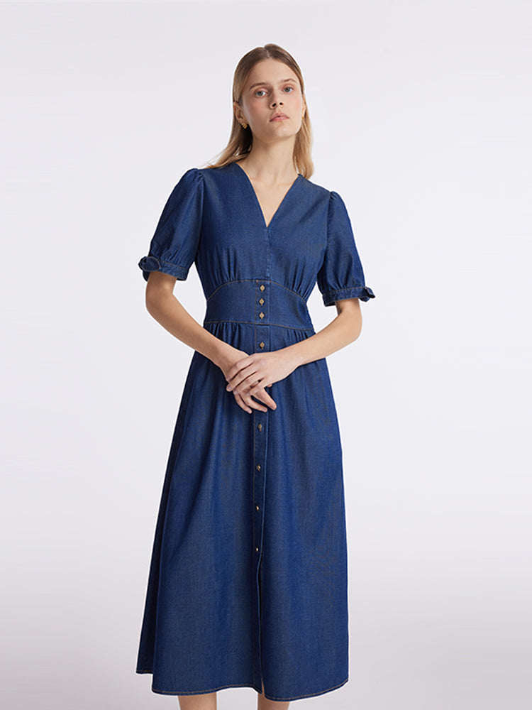 Gathered Waist Denim Women Midi Dress – GOELIA