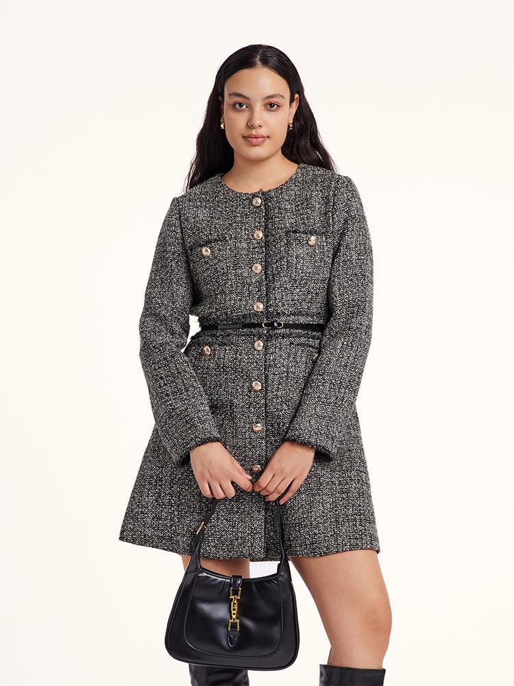 Round Neck Tweed Dress With Belt – GOELIA