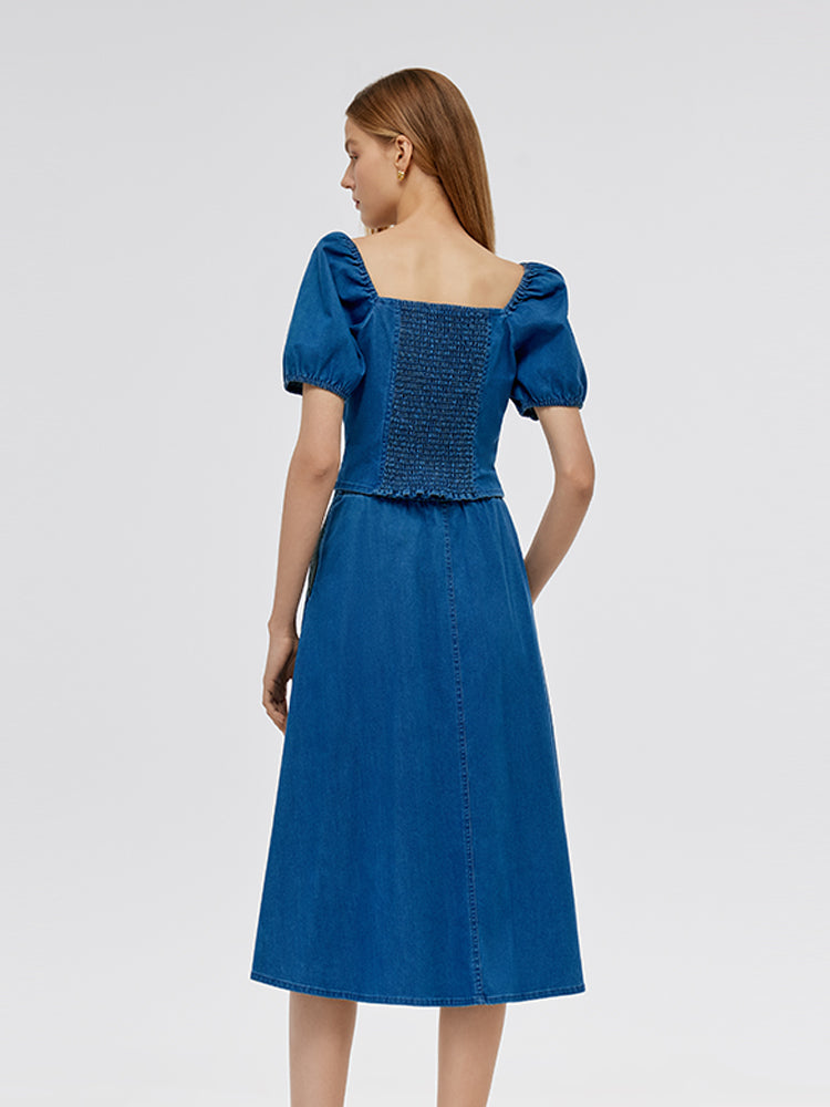 Denim Puff Sleeves Top And A-Line Skirt Two-Piece Set – GOELIA