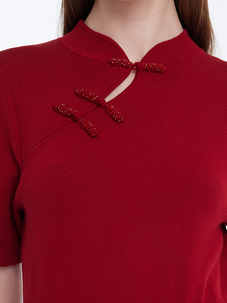 New Chinese-Style Mandarin Collar Knitted Women Midi Qipao Dress – GOELIA