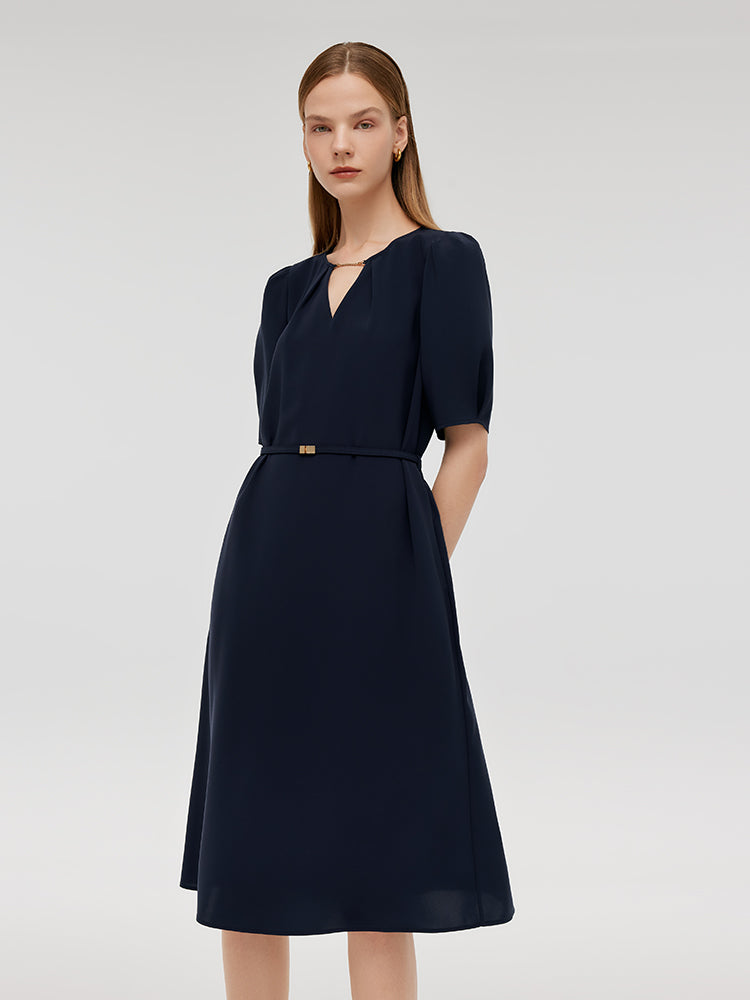 Triacetate Cut-Out Neck Women Midi Dress With Belt – GOELIA