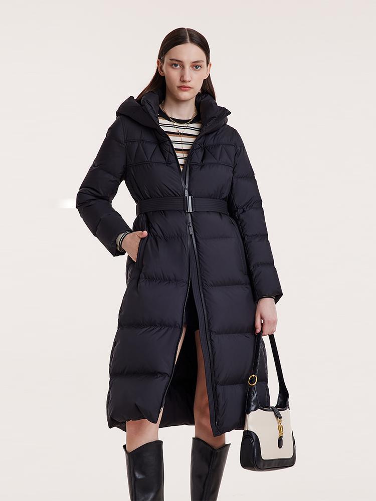 Hooded Long Goose Down Garment With Belt – GOELIA