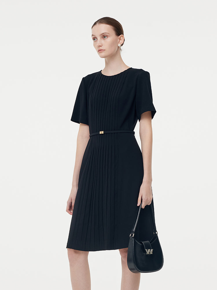 Triacetate Pleat Front Women Midi Dress With Belt And Scrunchie – GOELIA