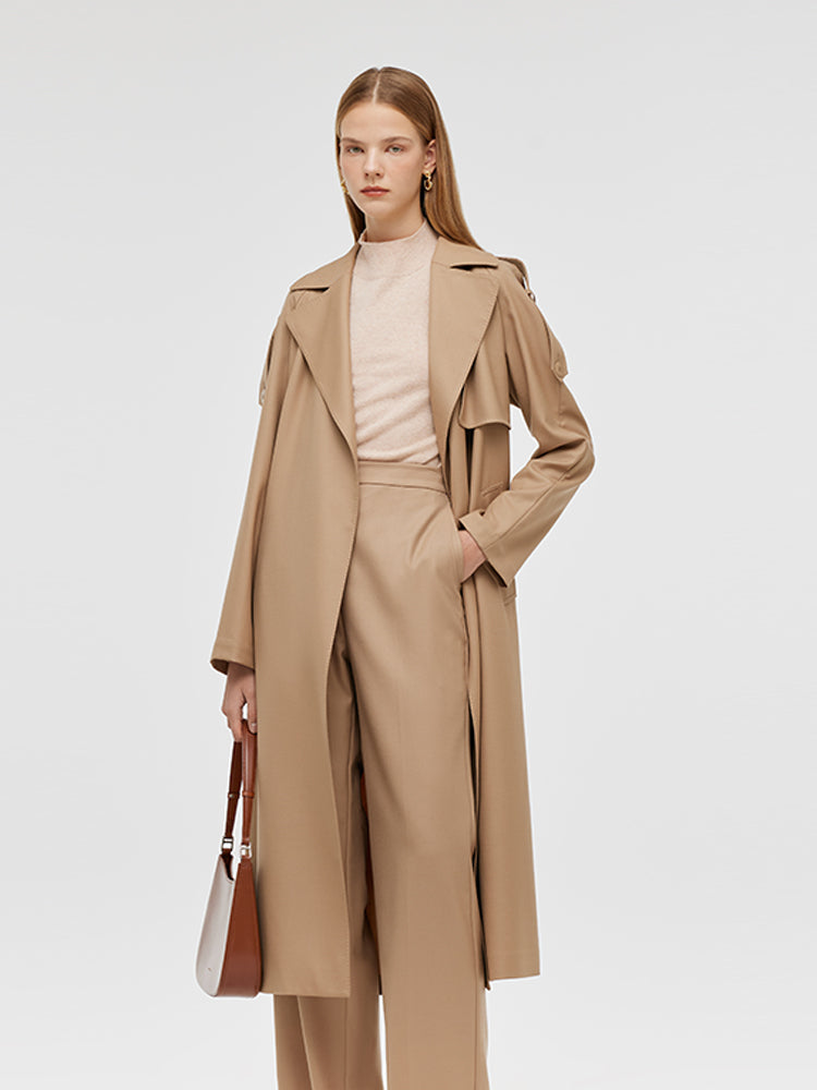 Worsted Wool Lapel Women Trench Coat With Belt – GOELIA