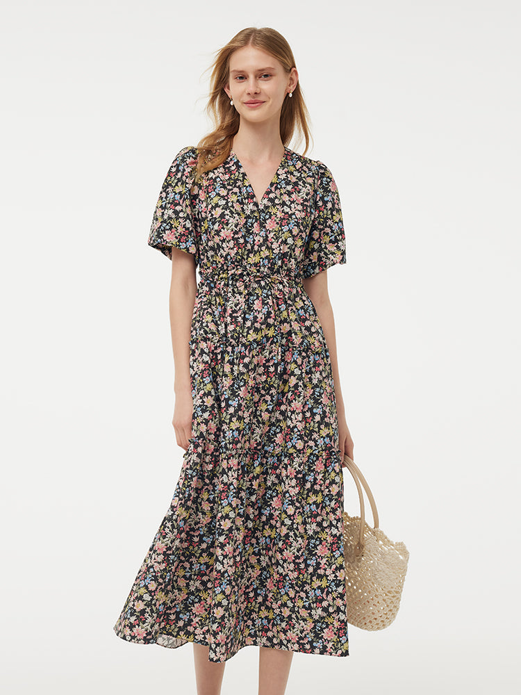 Cotton Puff Sleeve Drawstring Waist Floral Print Women Midi Dress – GOELIA