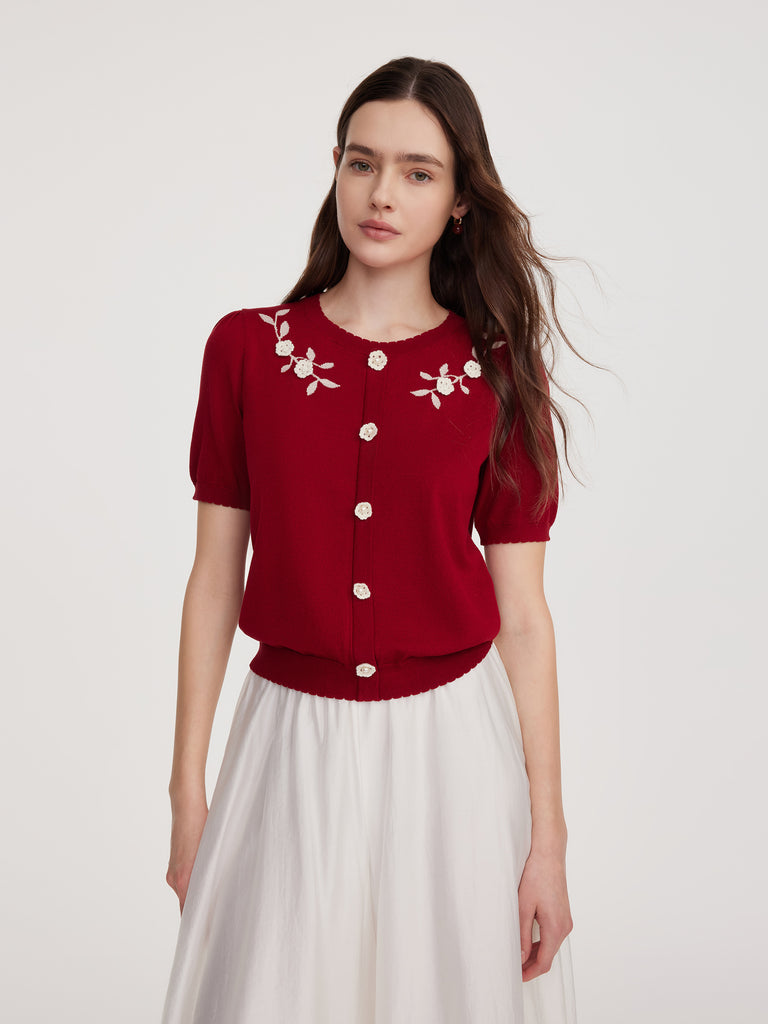 Lyocell Blend Jacquard Women Knit Top With Detachable Knit Flowers – GOELIA