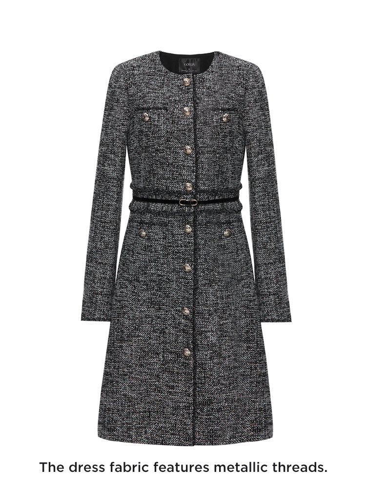 Round Neck Tweed Dress With Belt – GOELIA