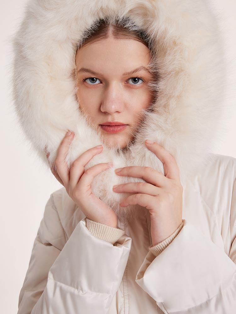 Gathered Waist Long Goose Down Garment With Faux-Fur Collar – GOELIA