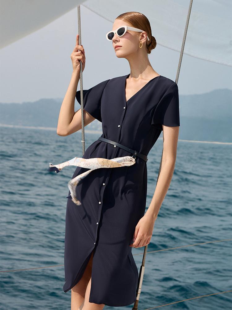 Triacetate Dress With Belt And Silk Scarf – GOELIA