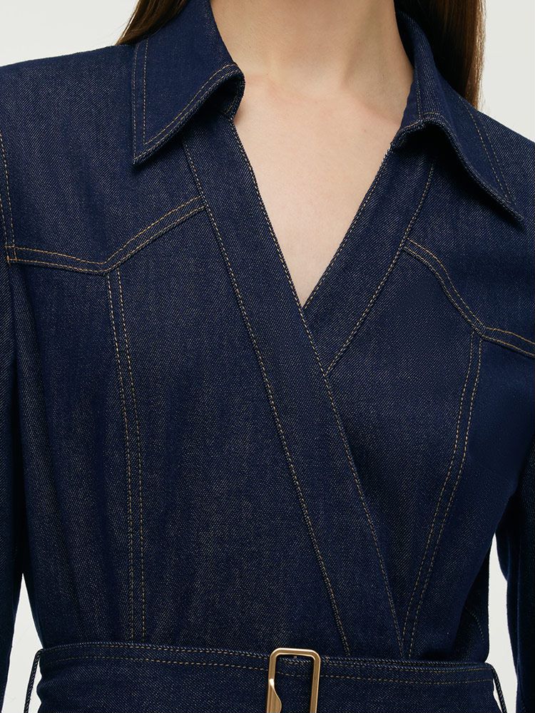 Denim Lapel Women Midi Dress With Belt – GOELIA