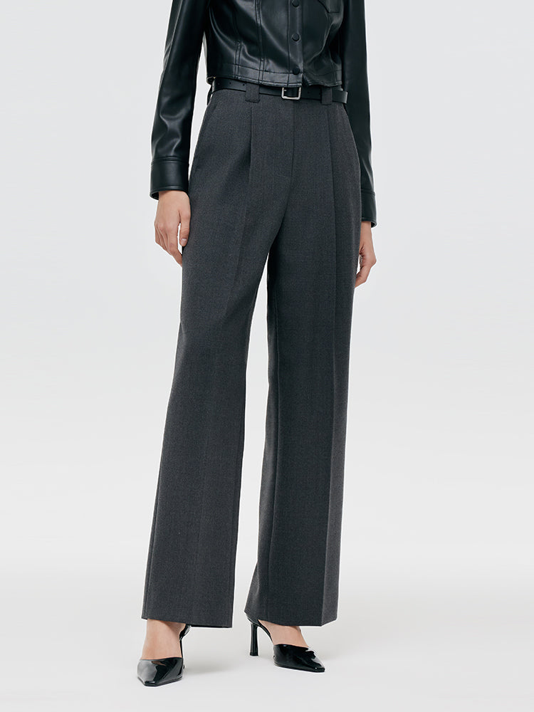 Worsted Wool Women Wide Leg Pants With Leather Belt – GOELIA