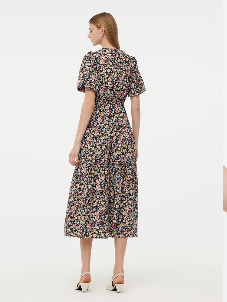 Cotton Puff Sleeve Drawstring Waist Floral Print Women Midi Dress – GOELIA