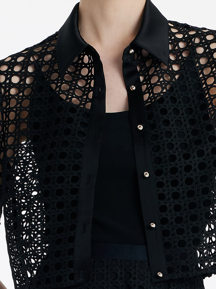 Lace Openwork Crop Jacket And Half Skirt And Knitted Camisole Three-Pi ...