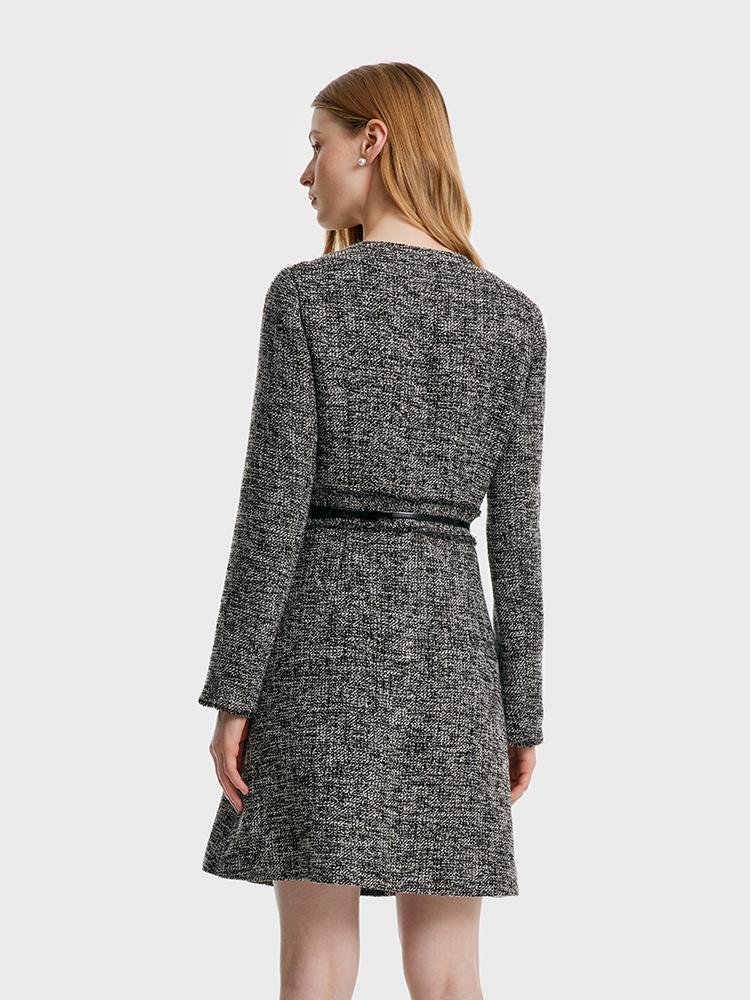 Round Neck Tweed Dress With Belt – GOELIA