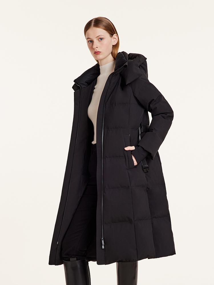 Hooded Gathered Waist Long Goose Down Garment With Belt – GOELIA