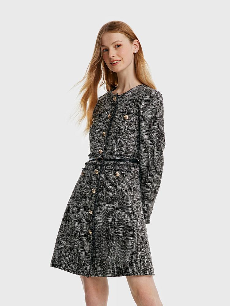 Round Neck Tweed Dress With Belt – GOELIA