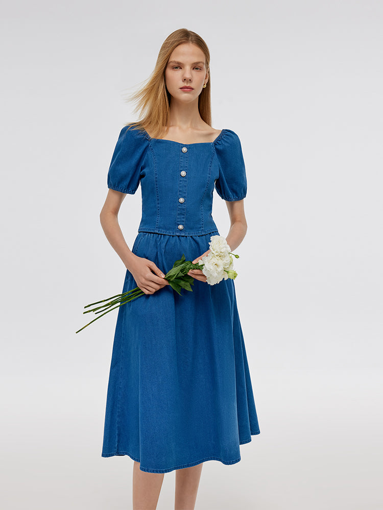 Denim Puff Sleeves Top And A-Line Skirt Two-Piece Set – GOELIA