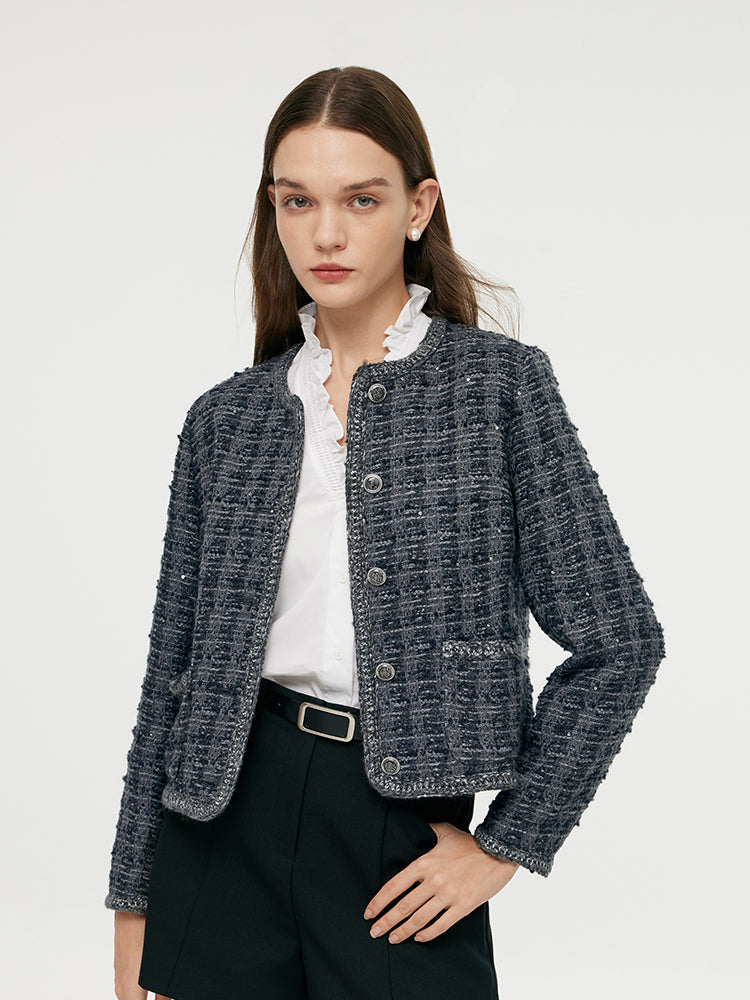 Wool Blend Tweed Sequins Women Crop Jacket – GOELIA