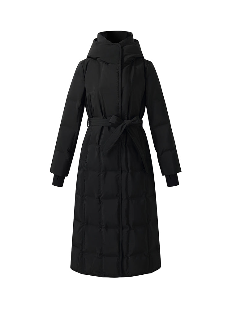 Hooded Long Goose Down Coat With Belt – GOELIA