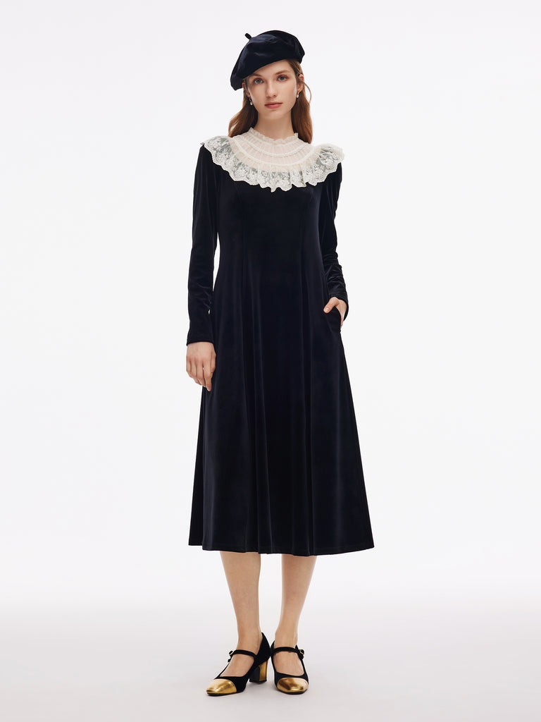 Velvet Sheer Lace Collar Women Midi Dress With Beret – GOELIA