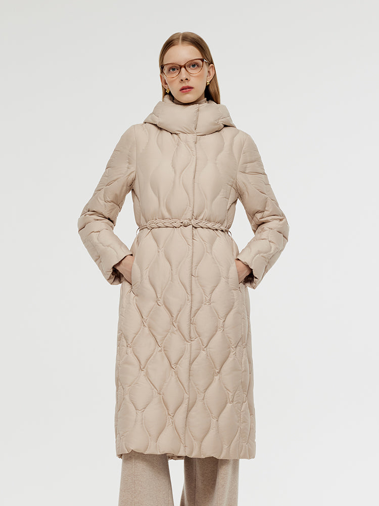 Gathered Waist Long Goose Down Coat With Belt – GOELIA