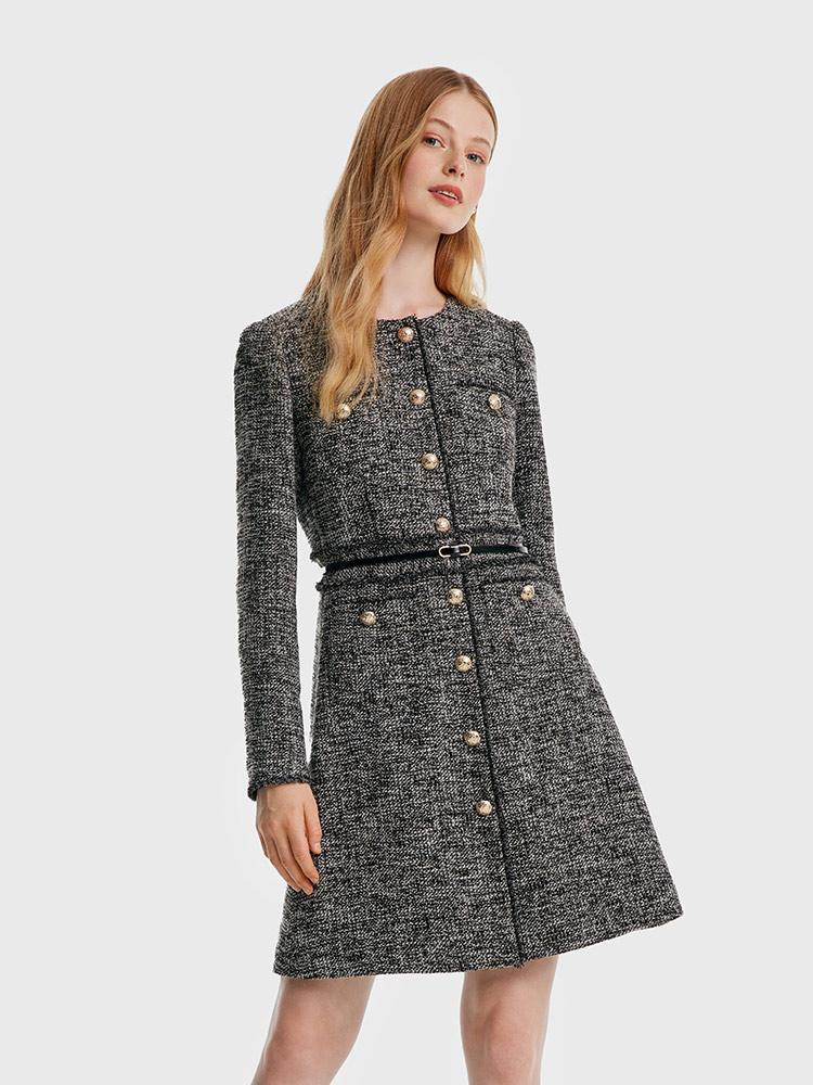 Round Neck Tweed Dress With Belt – GOELIA