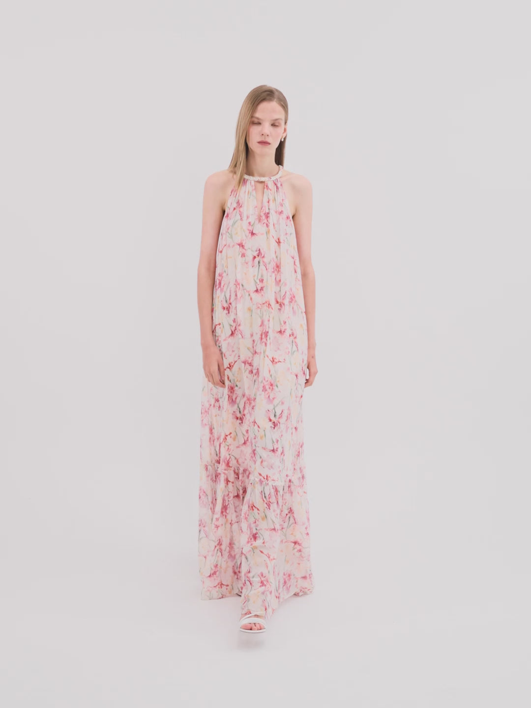 10 Momme Robe longue en soie de mûrier imprimée Iris à volants pour fe – GOELIA